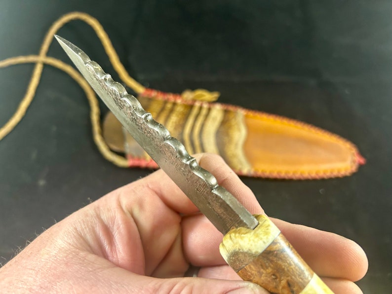 Forged Damascus, Frontier Style Neck Knife With Copper Patina, Goat ...