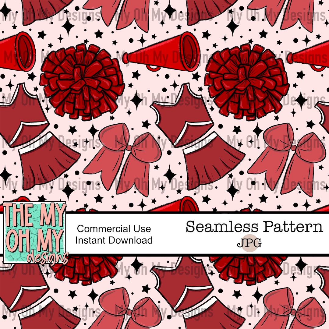 Cheer, Cheerleader, Cheerleading, Red Seamless Pattern JPG File Digital ...