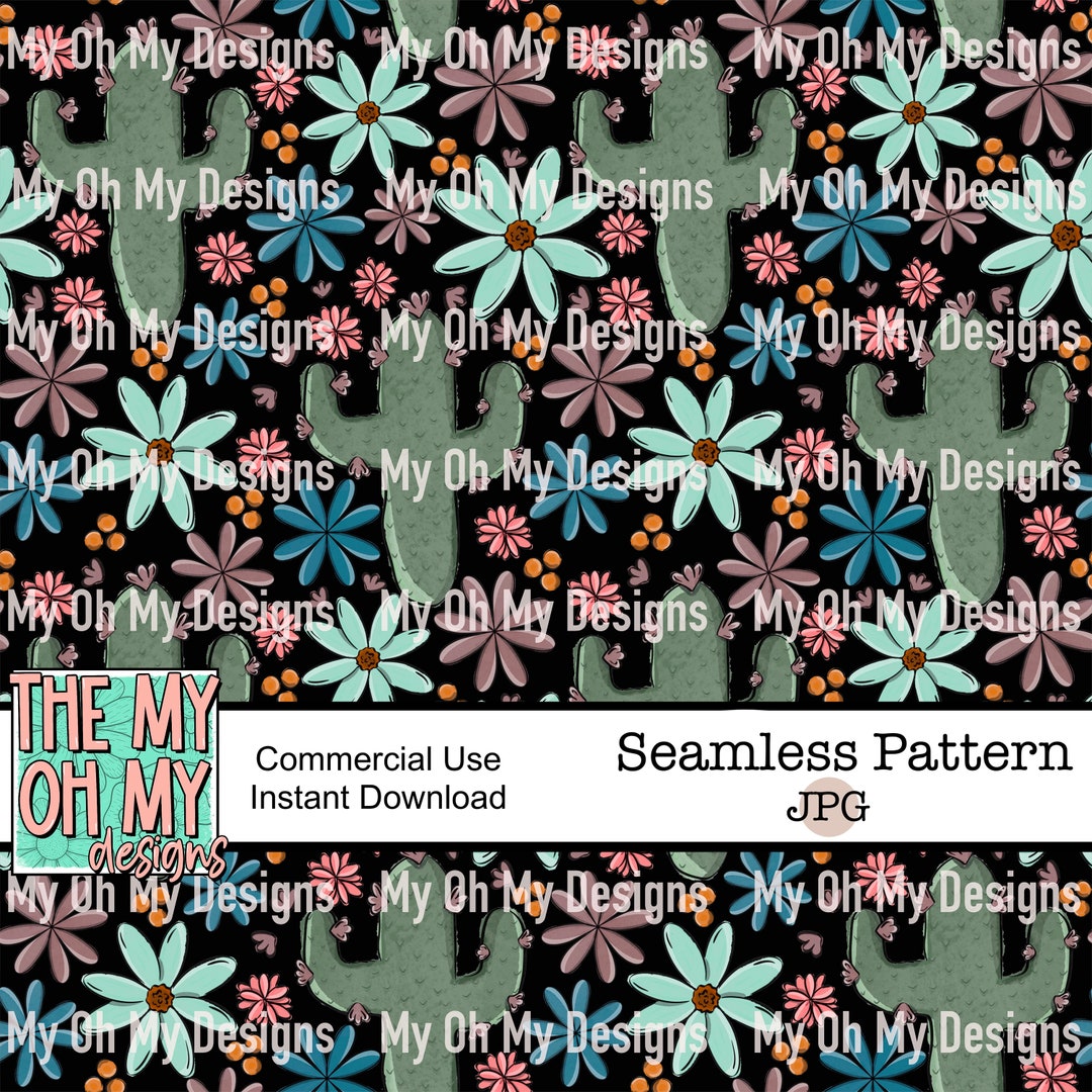 Cactus Floral, Flowers, Western - Seamless Pattern - JPG File - Digital ...