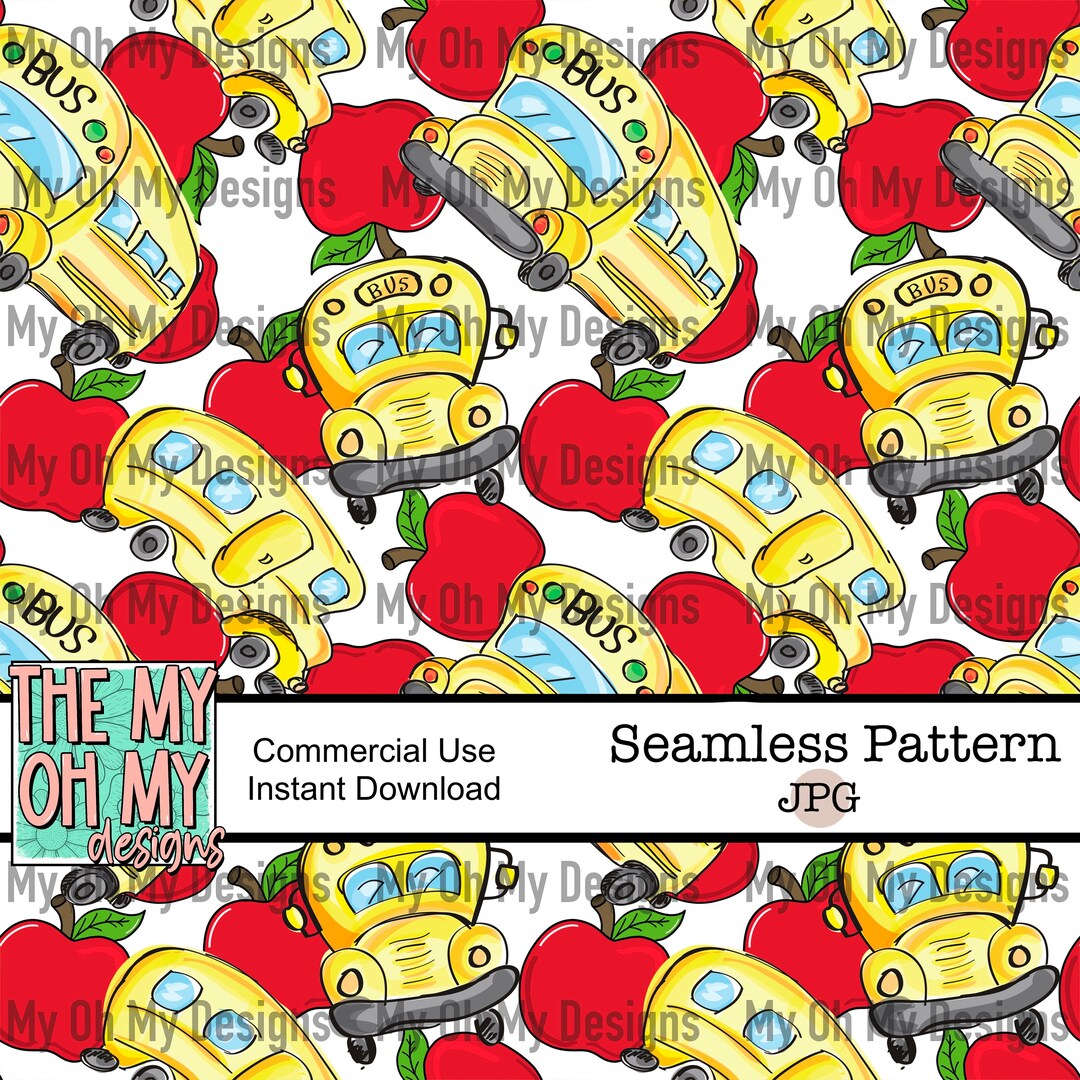 School Bus, Apples, Bus Driver, Back to School - Seamless Pattern - JPG ...