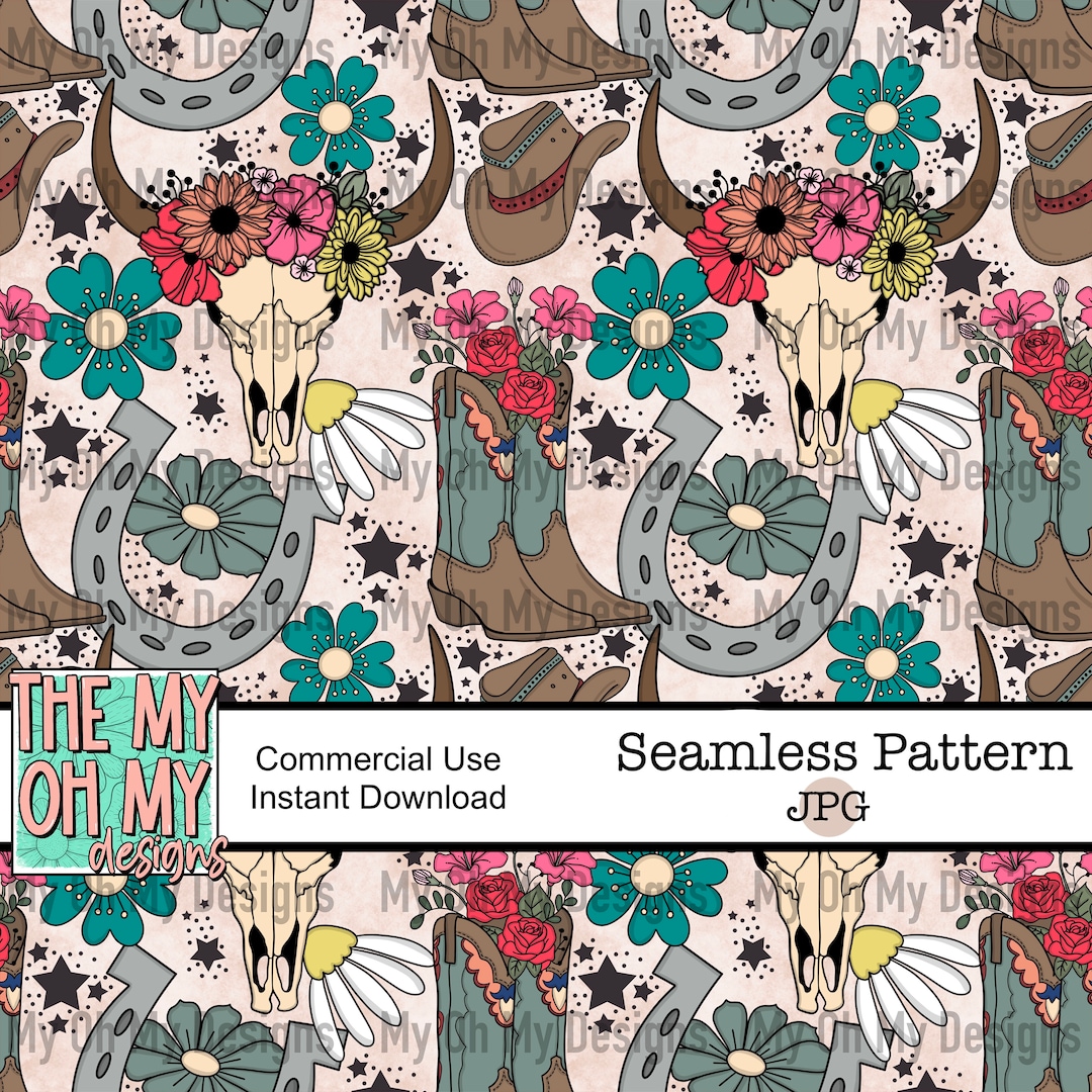 Western, Cowboy, Cowgirl, Country, Flowers - Seamless Pattern - JPG ...