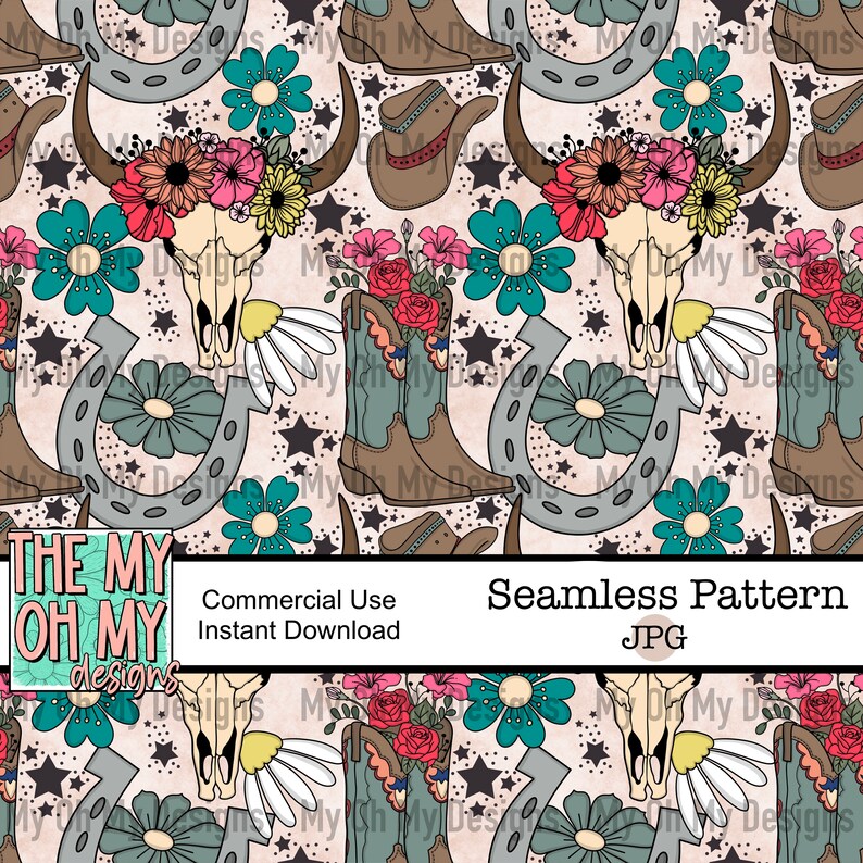 Western, Cowboy, Cowgirl, Country, Flowers - Seamless Pattern - JPG ...