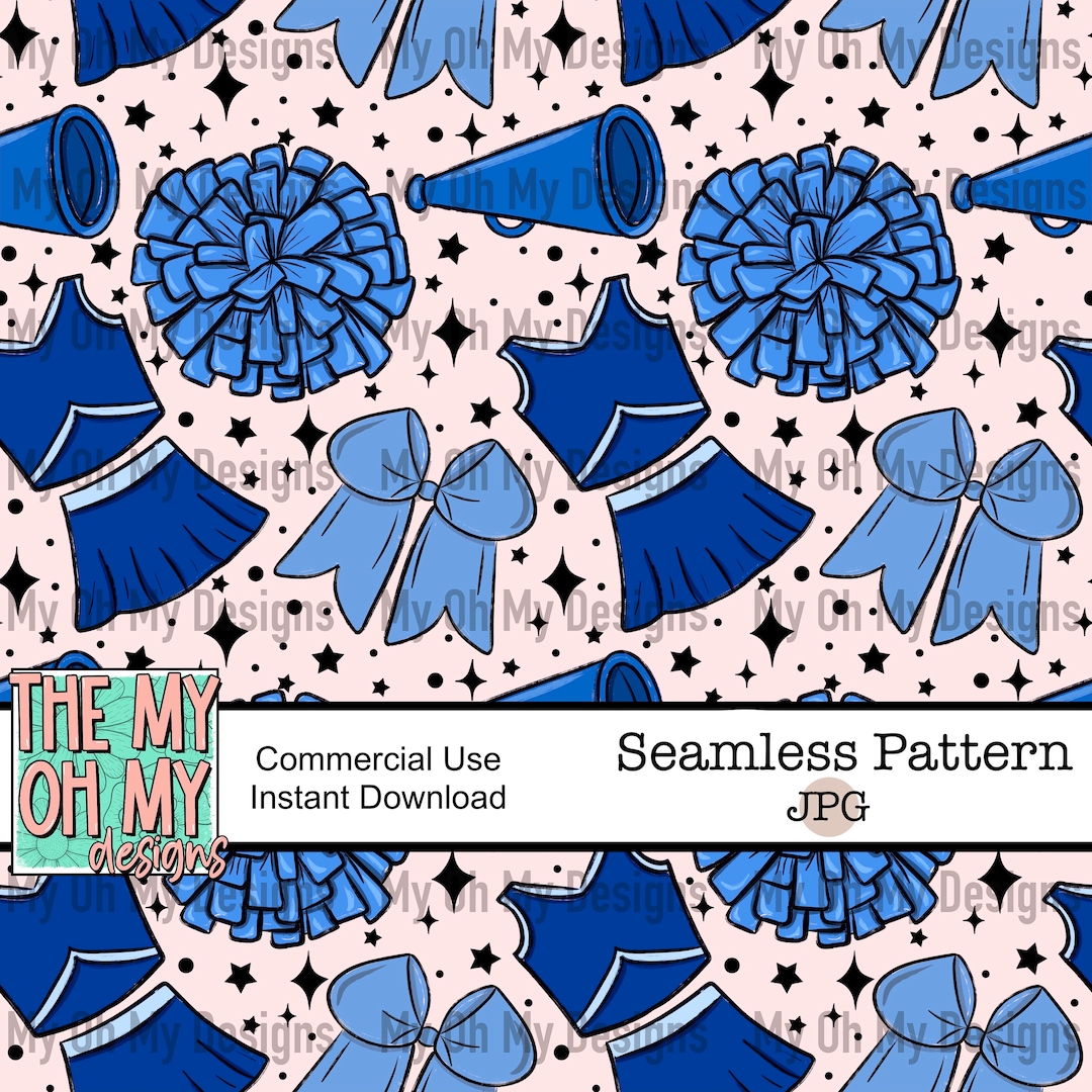 Cheer, Cheerleader, Cheerleading, Blue Seamless Pattern JPG File ...
