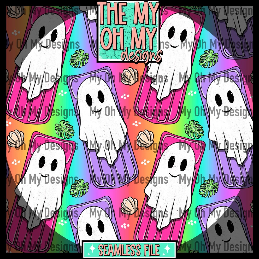 Summer Pool Ghosts, Floaties, Beach, Seashells - Seamless Pattern - JPG ...
