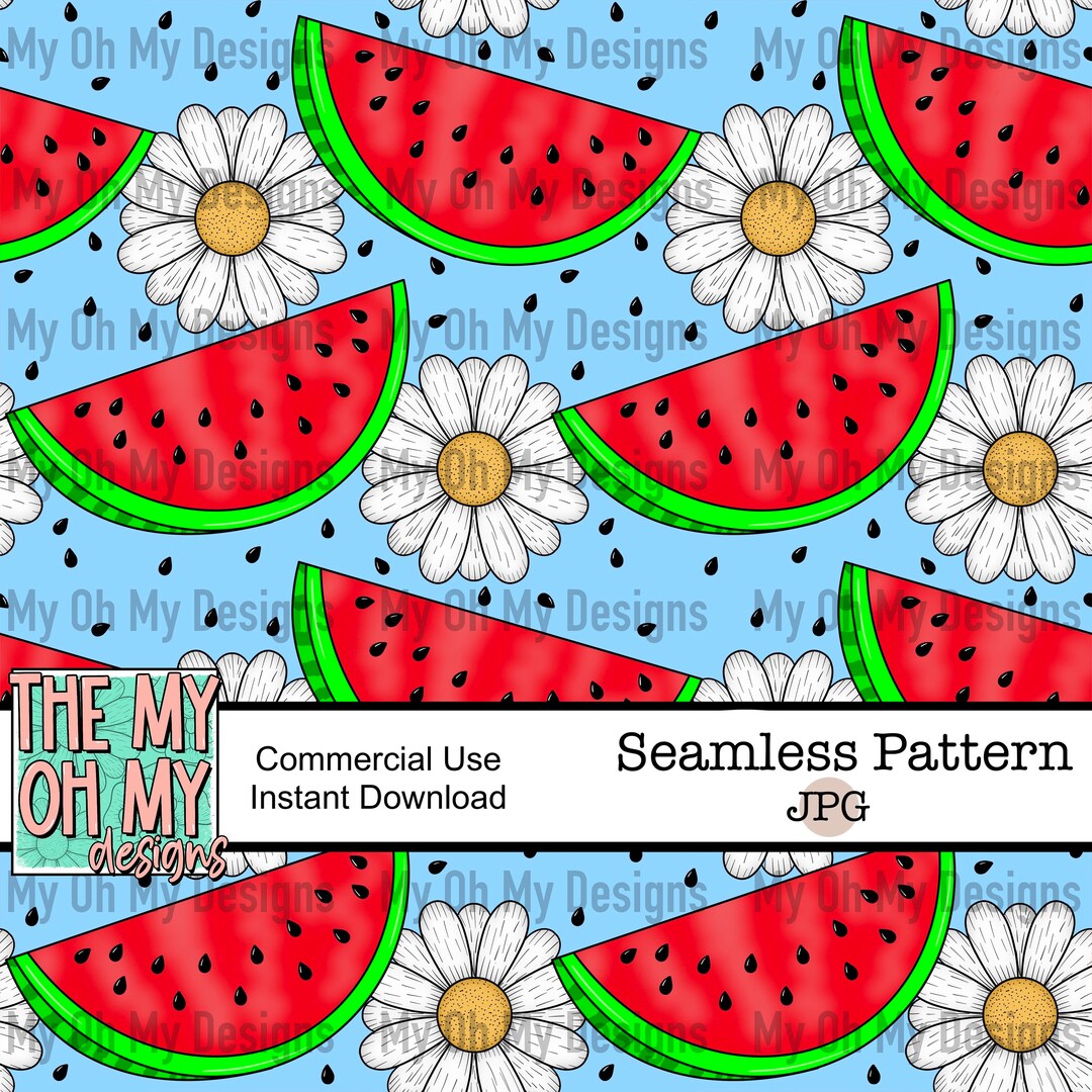 Watermelon, Flowers, Floral, Fruit, Summer Seamless Pattern JPG File ...