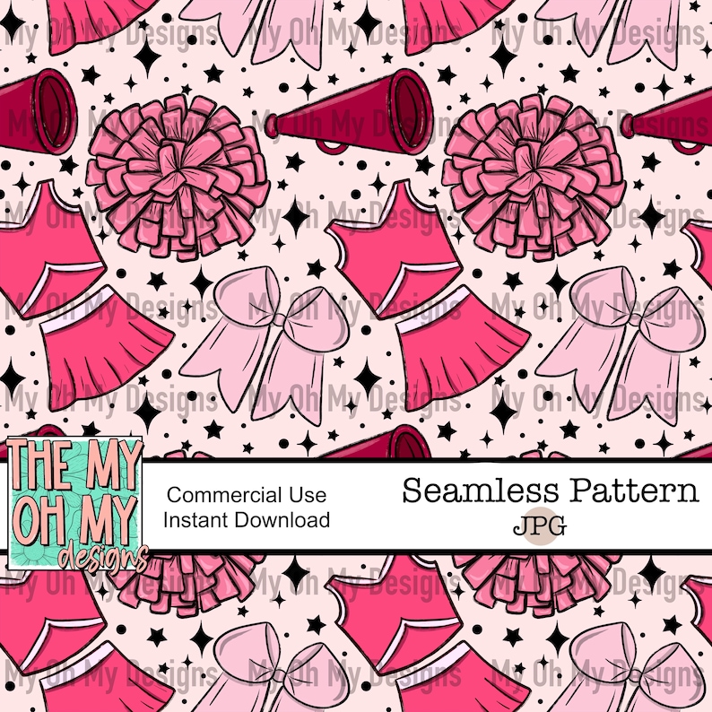 Cheer, Cheerleader, Cheerleading, Pink Seamless Pattern JPG File ...