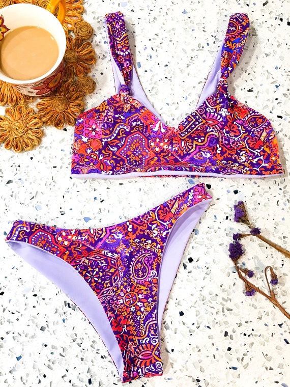 Purple Paisley Lavender Bikini Set Cute Knot Swimsuit Top Etsy
