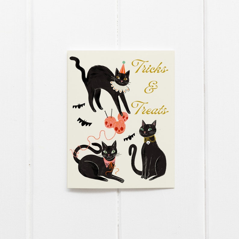 Tricks & Treats Halloween Card | Black Cats Party Invitation (digital ...