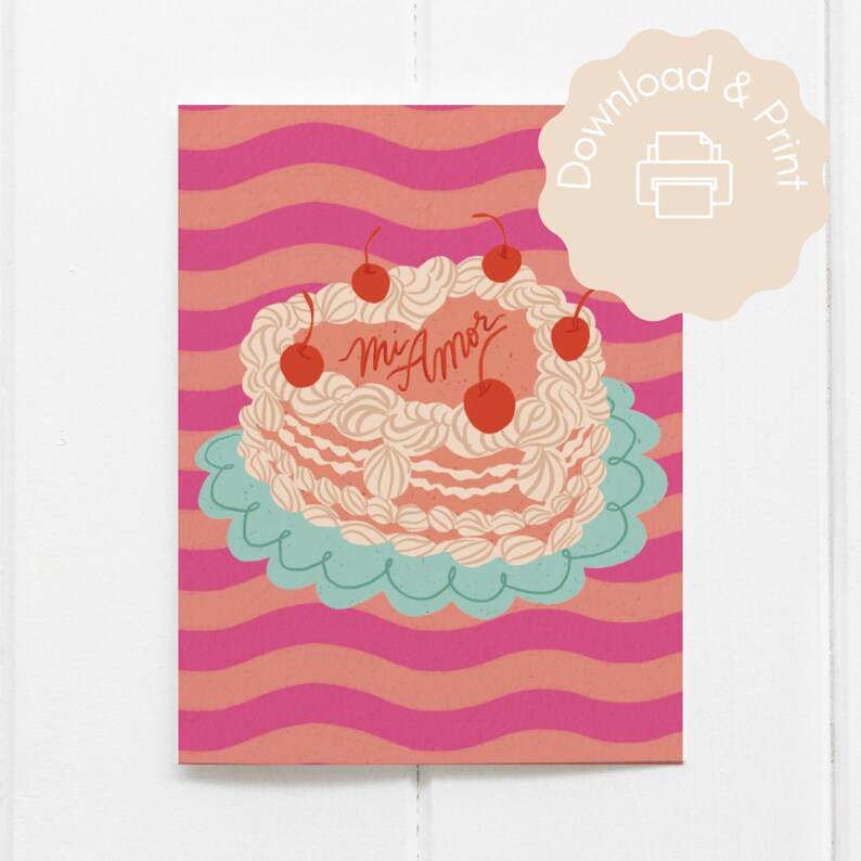 Mi Amor Cake Valentine's Day Card | Printable Vintage Design (digital ...
