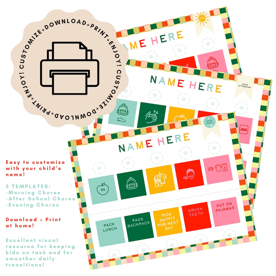 KIDS CHORE CHART Bundle Printable Instant Download Daily Chore Chart ...