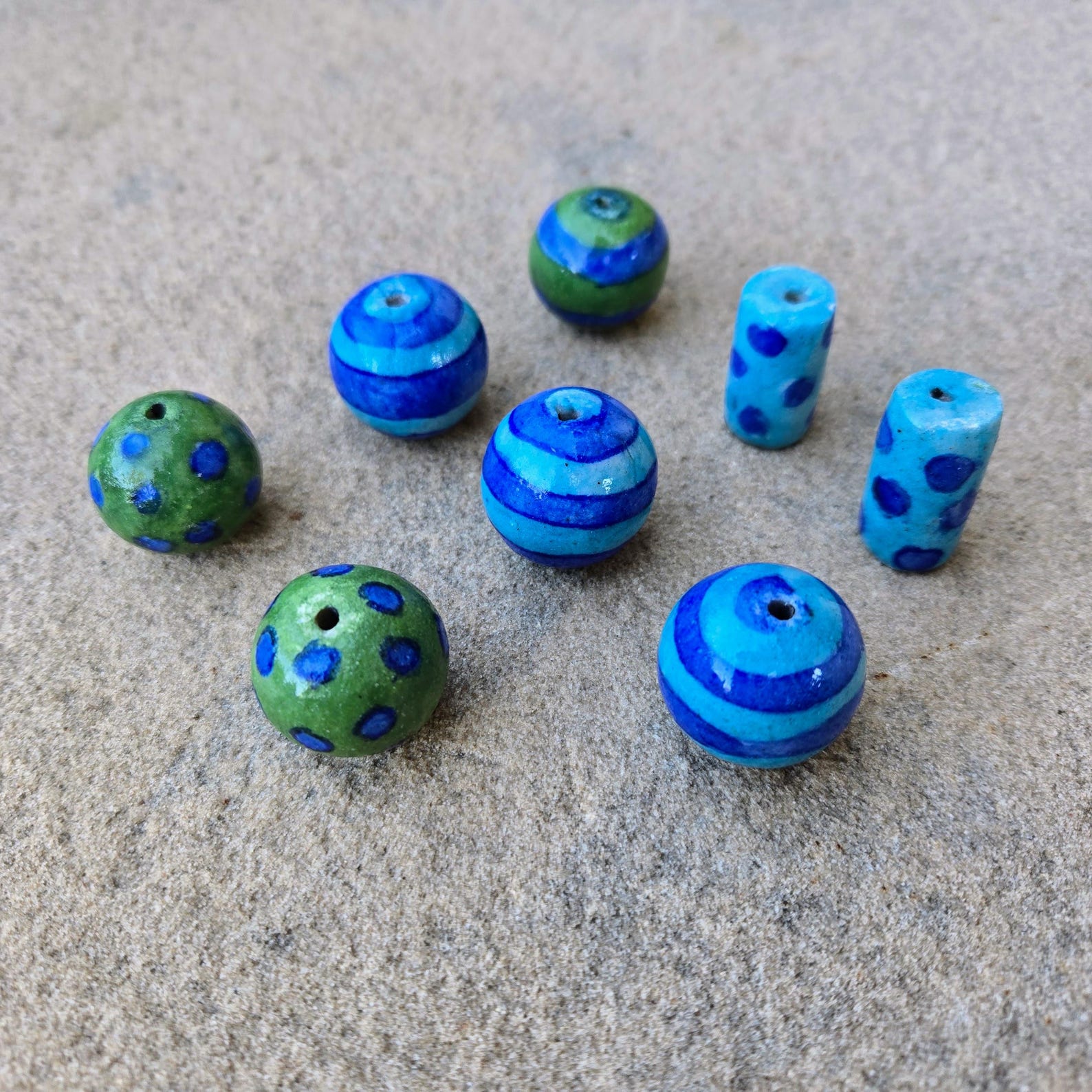 Vintage Handcrafted Large Ceramic Bead Six Round Two Barrel Blue Aqua ...