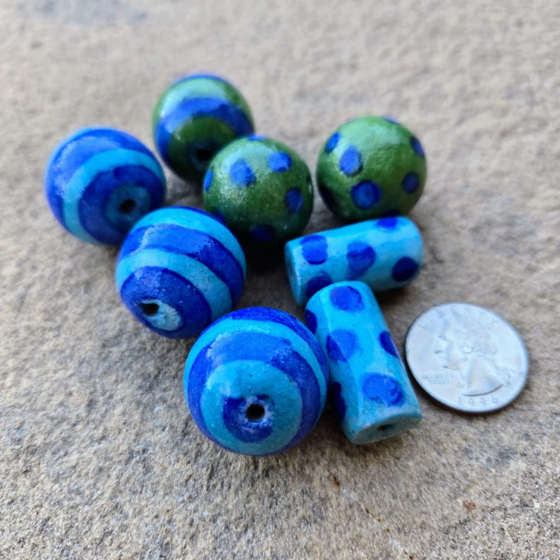 Vintage Handcrafted Large Ceramic Bead Six Round Two Barrel Blue Aqua ...