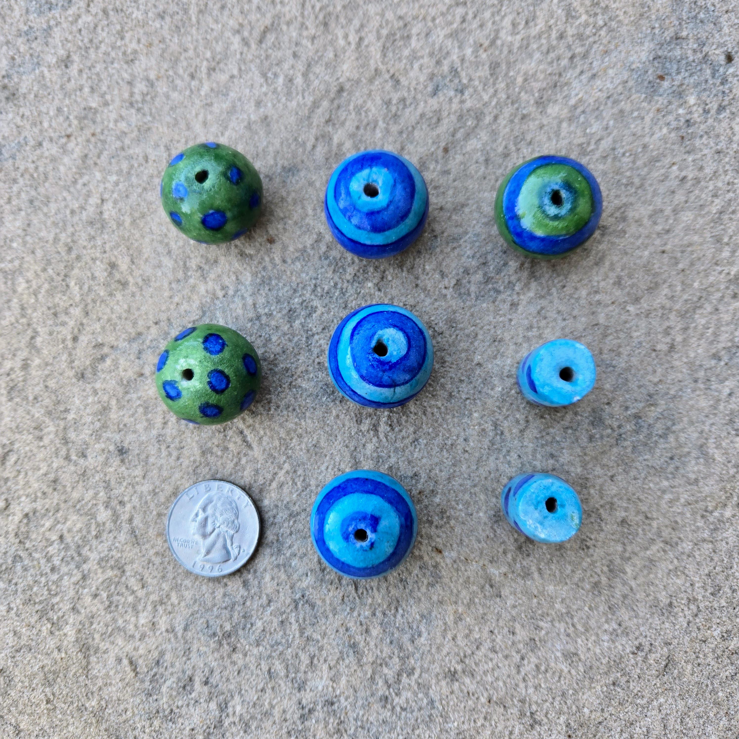 Vintage Handcrafted Large Ceramic Bead Six Round Two Barrel Blue Aqua ...