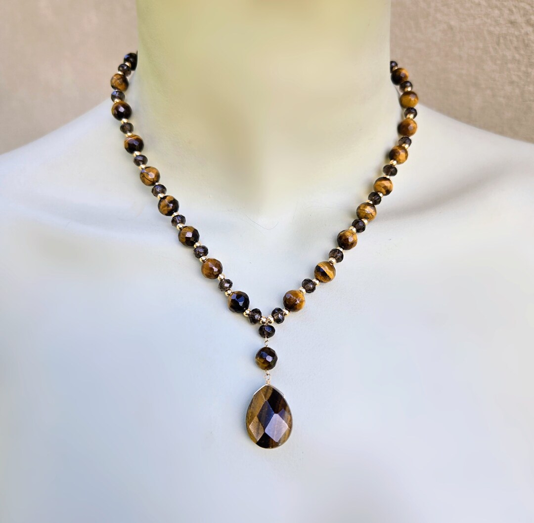 Vintage Warm Golden Brown Tigers Eye Smokey Quartz and Gold Necklace ...