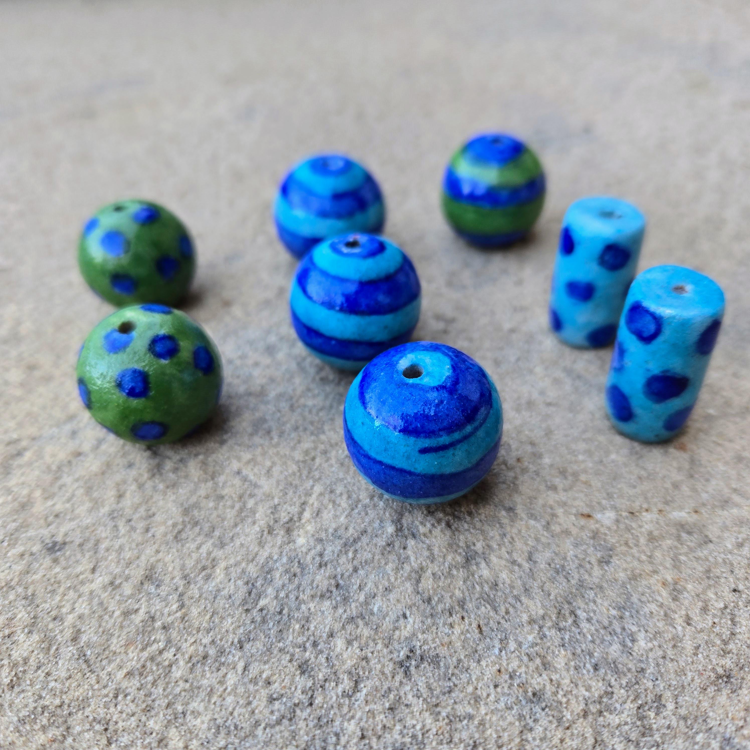 Vintage Handcrafted Large Ceramic Bead Six Round Two Barrel Blue Aqua ...