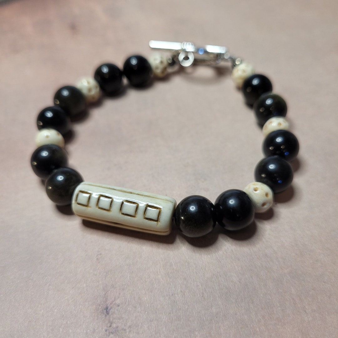 Bracelet of Carved Bone and Gold Sheen Obsidian Gemstone Tribal Ethnic ...