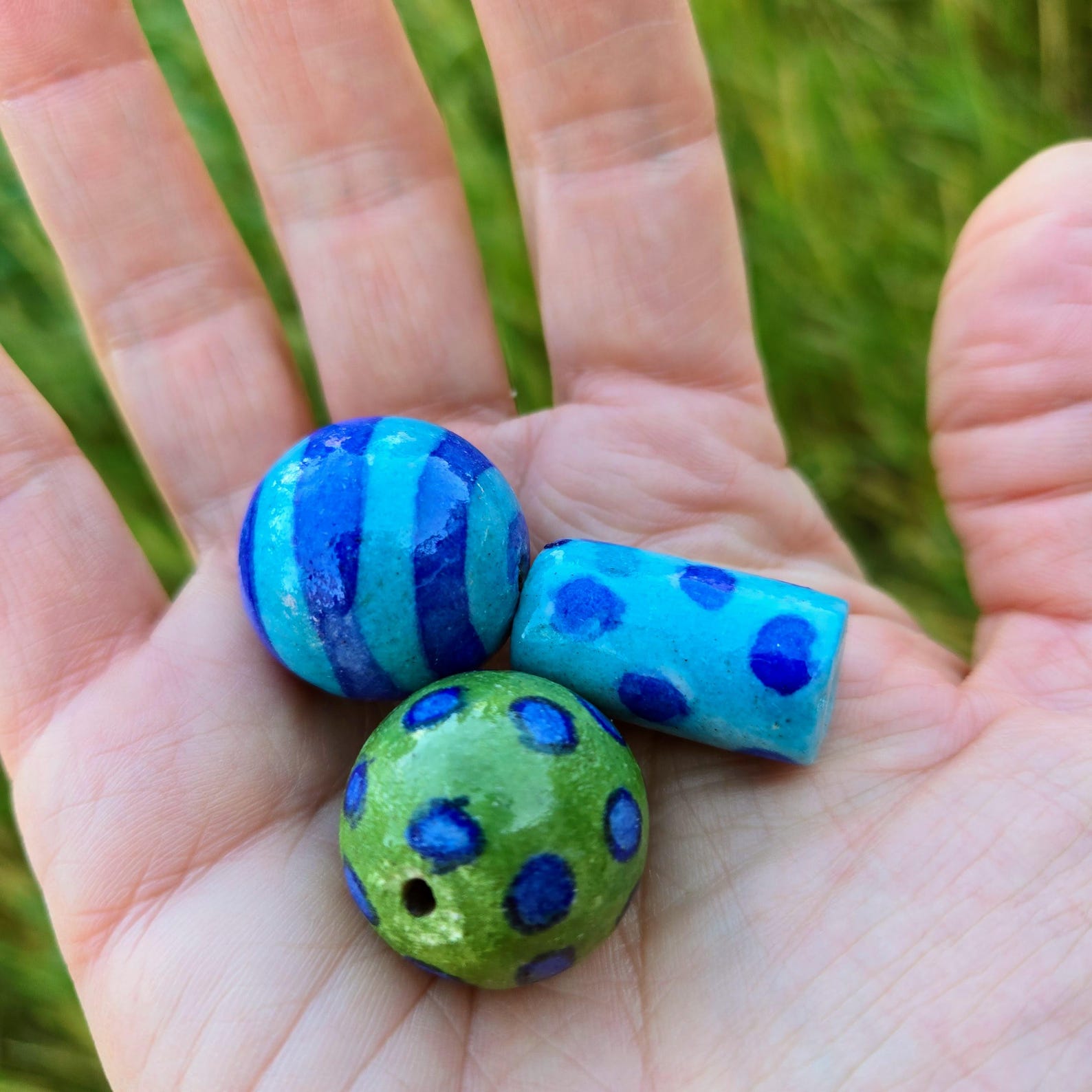 Vintage Handcrafted Large Ceramic Bead Six Round Two Barrel Blue Aqua ...