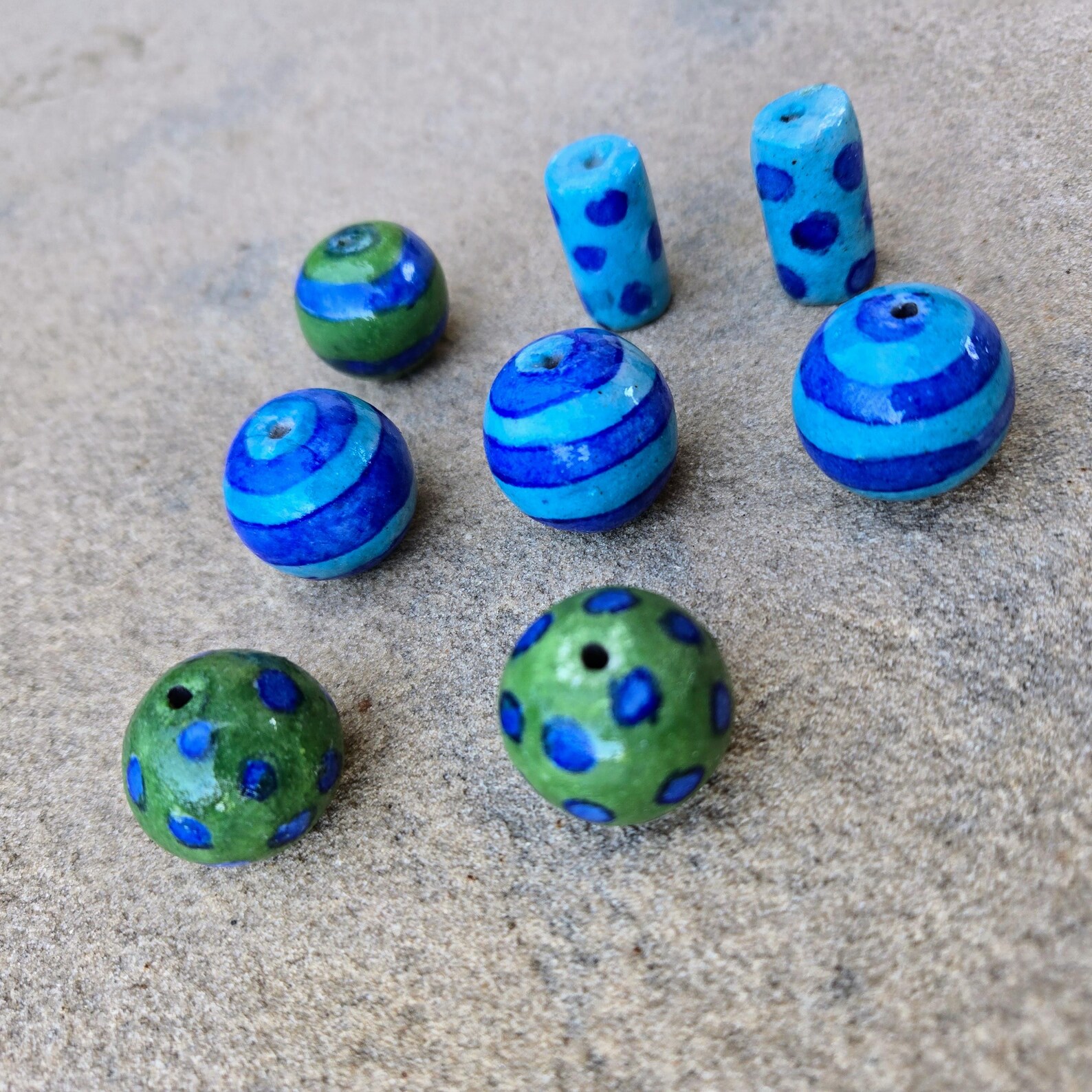 Vintage Handcrafted Large Ceramic Bead Six Round Two Barrel Blue Aqua ...