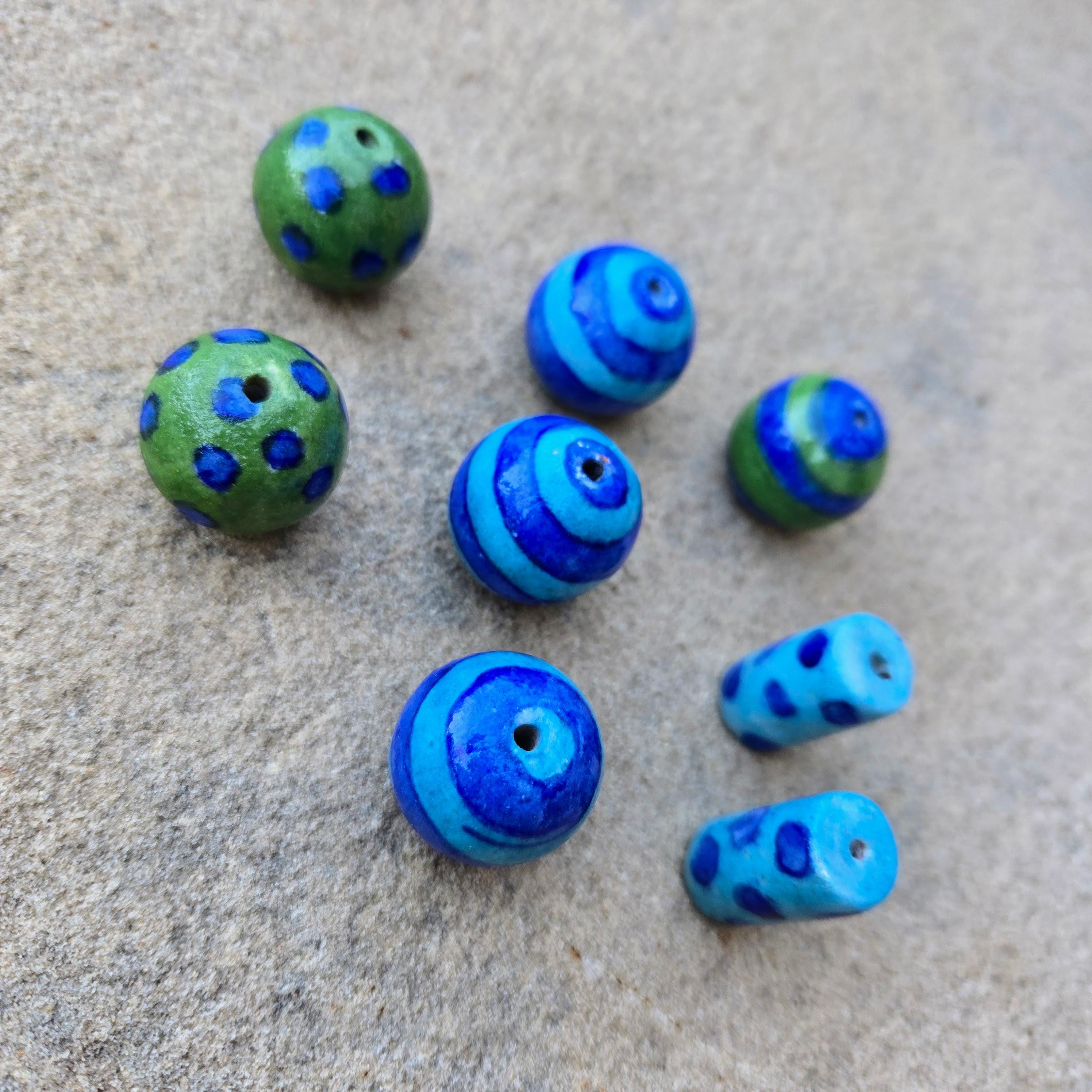 Vintage Handcrafted Large Ceramic Bead Six Round Two Barrel Blue Aqua ...