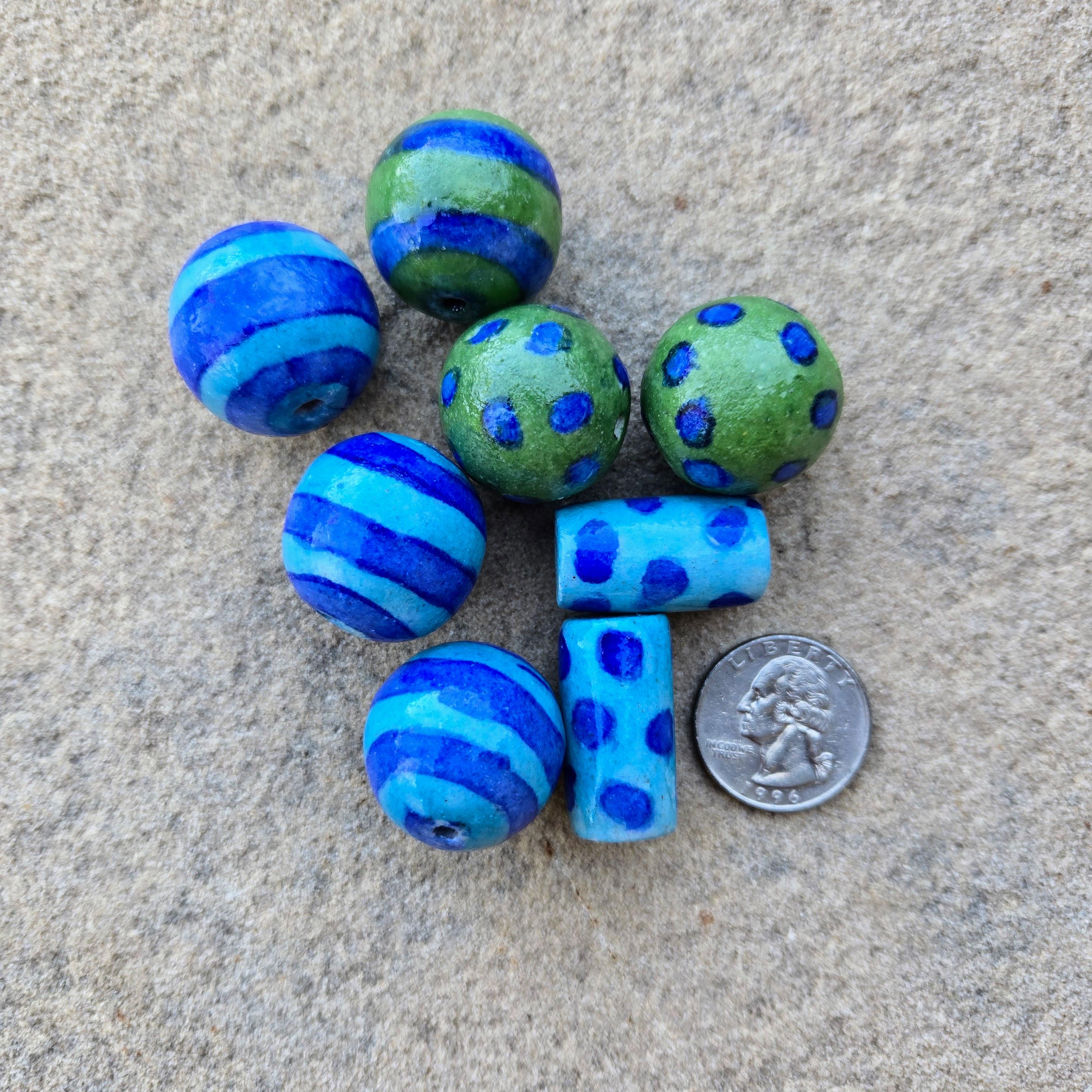 Vintage Handcrafted Large Ceramic Bead Six Round Two Barrel Blue Aqua ...