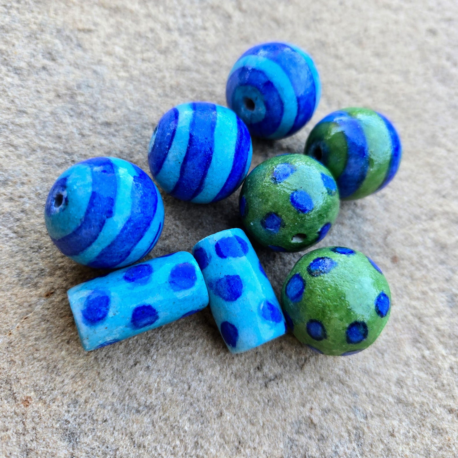 Vintage Handcrafted Large Ceramic Bead Six Round Two Barrel Blue Aqua ...
