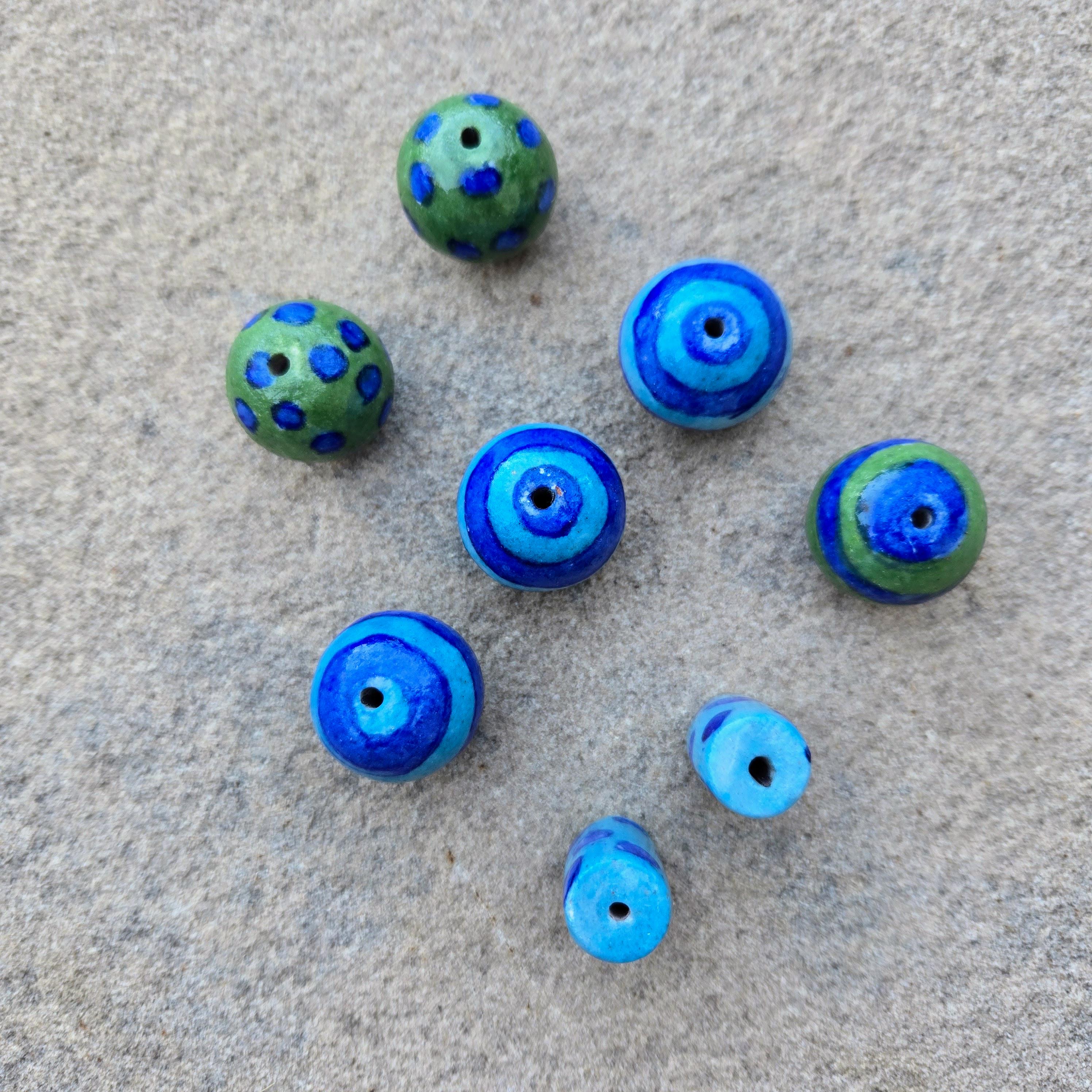 Vintage Handcrafted Large Ceramic Bead Six Round Two Barrel Blue Aqua ...