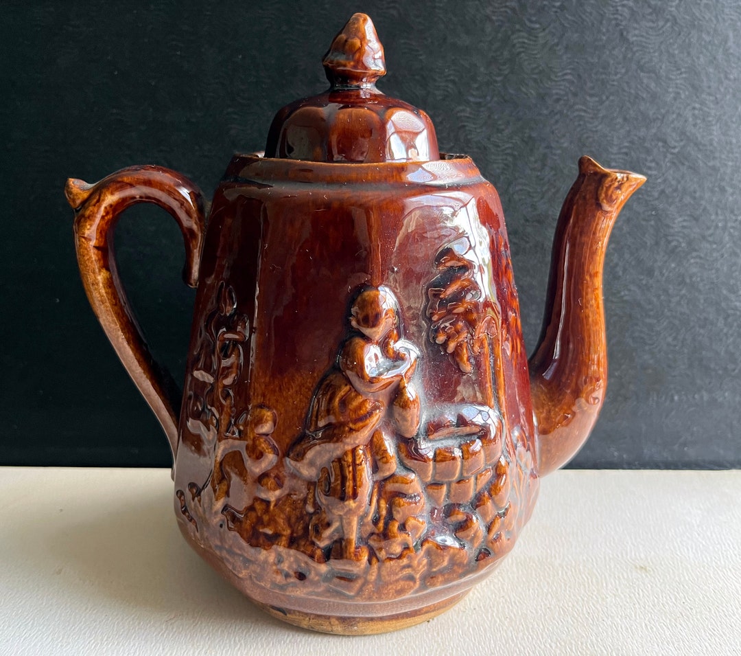 Antique Brown Ceramic Glaze Stoneware Tea Coffee Pot Pottery Embossed ...