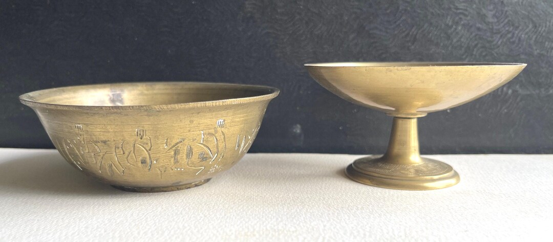 Very Nice Two Old Chinese Brass Bowls One Footed Signed Hand Carvings ...