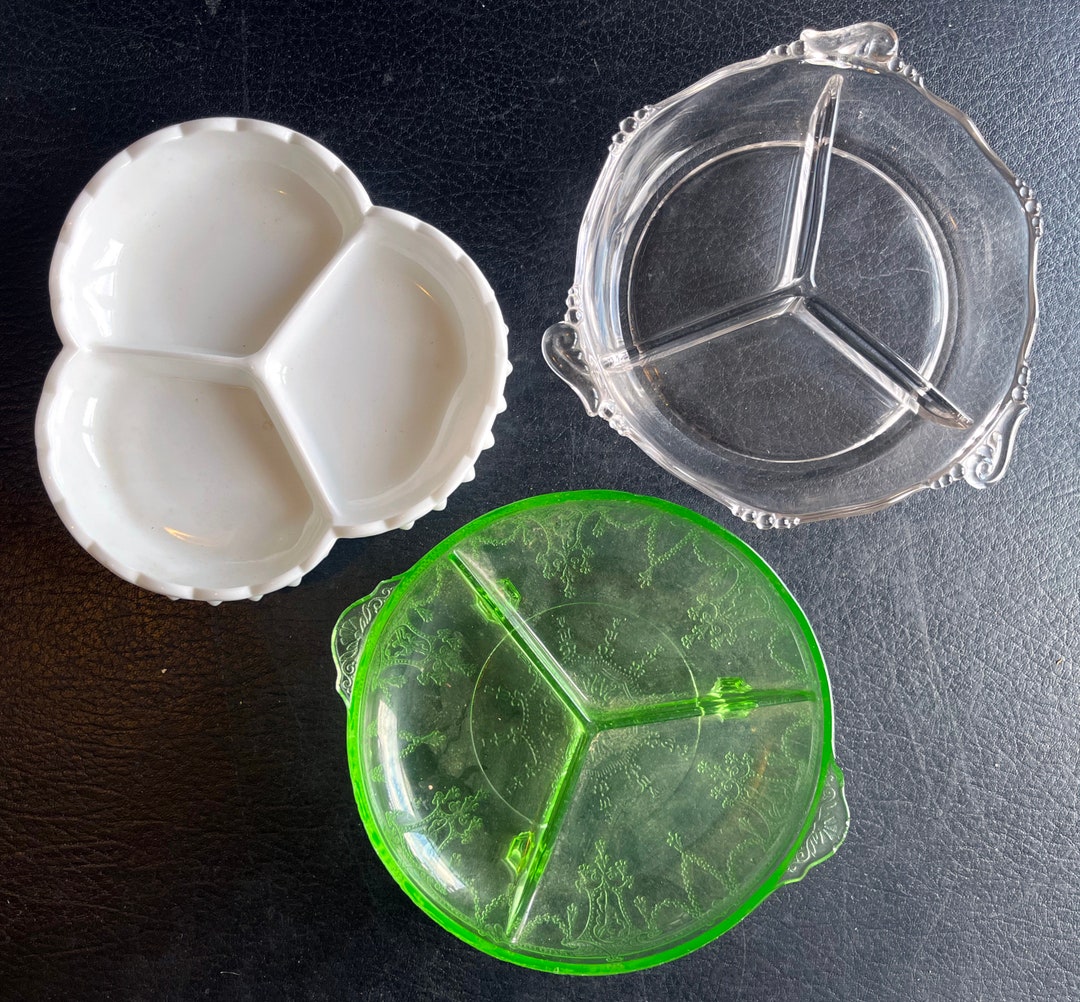 Three Vintage Glass 3 Compartments Serving Dishs- Bowl Nibbles or ...