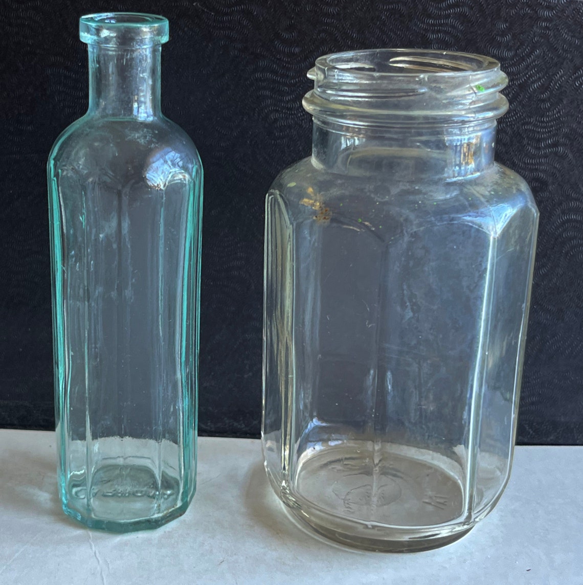 Vintage Octagonal Panels Jar and a Slim Dodecagon Light Aqua Bottle - Etsy