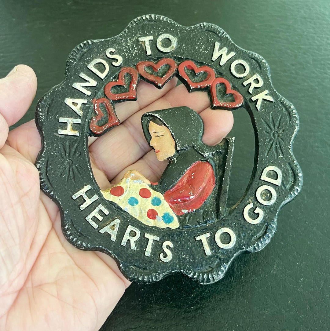 Hands to Work Hearts to God Trivet Hot Pad Black Cast Tri Footed ...