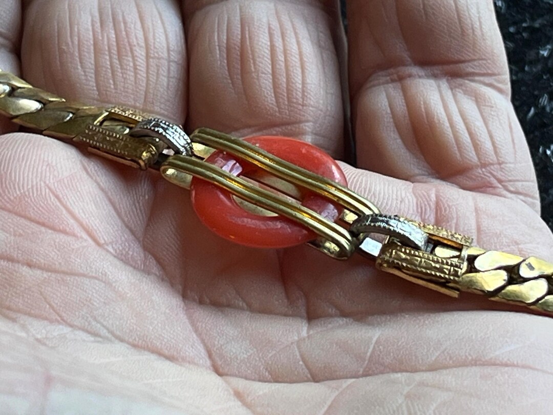 Ladies Bracelet Golden Brass and Pinkish Jade Lifesaver H746 - Etsy