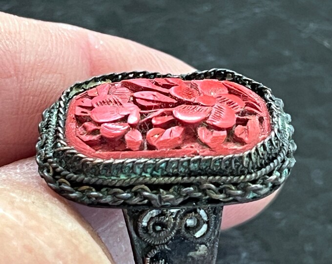 Large Antique Chinese Carved Cinnabar Statement Ring Stamped China H681 ...