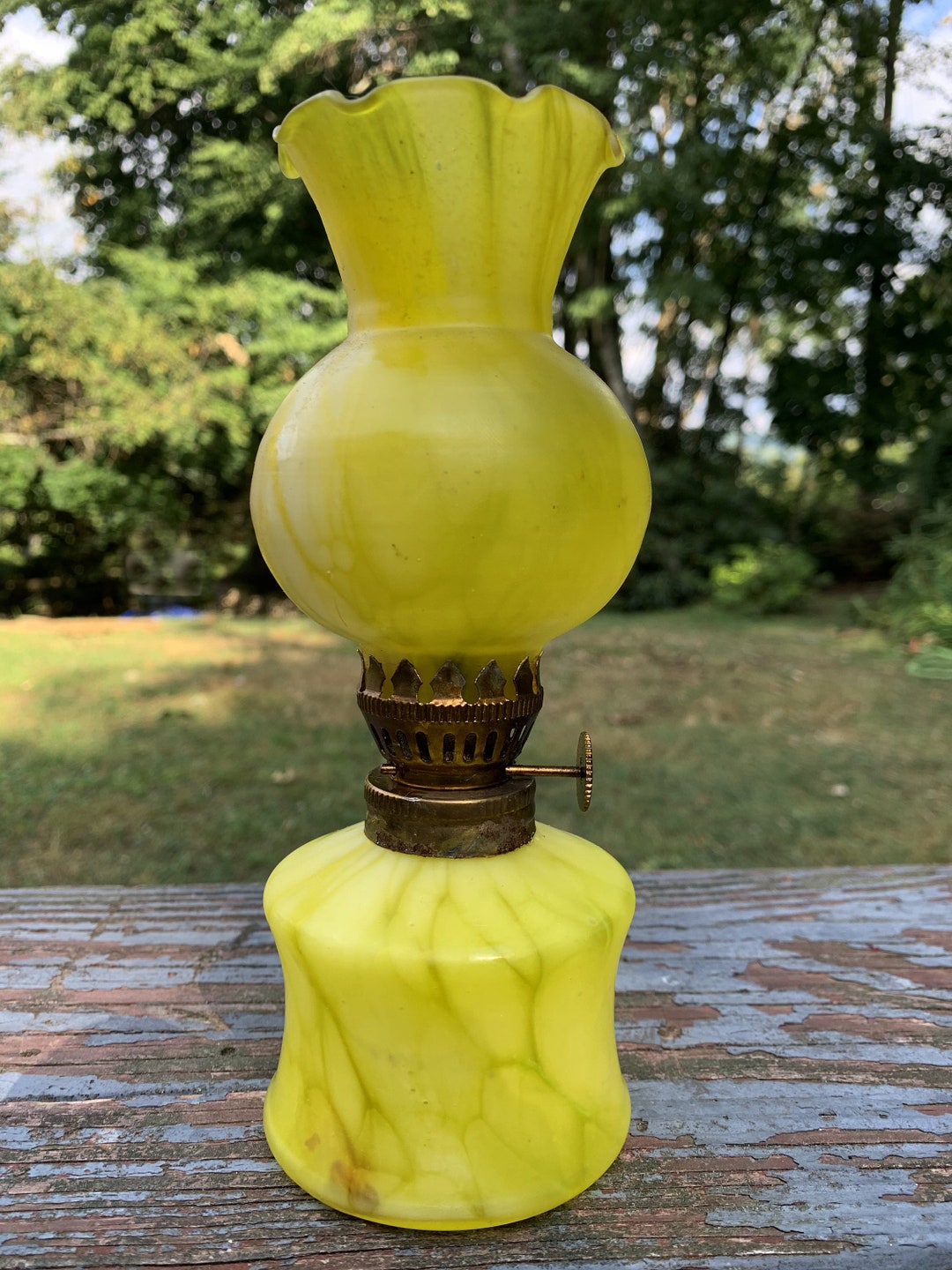 Small Yellow Slag Glass Hurricane Lamp With Yellow Glass Base Chimney ...