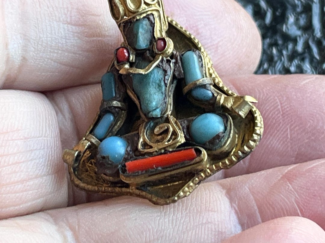 Buddhist Deity Brooch Tibetan or Nepal Pink Coral Turquoise Brass H757 ...