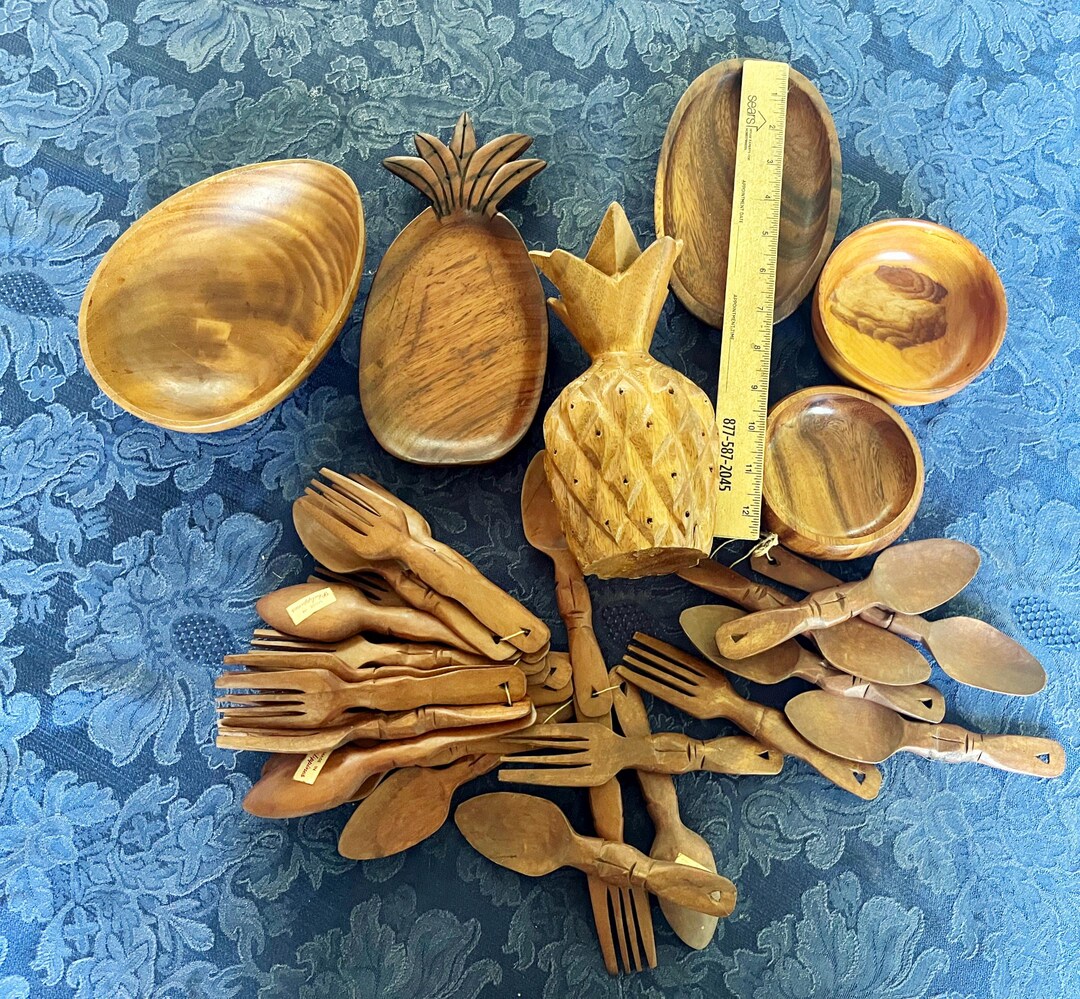 Monkey Pod Assortment With Wooden Spoons and Forks Poi Bowls Pineapple ...