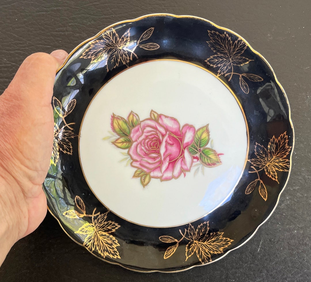 Royal Halsey Plate Very Fine China Rose LM Black/gold Pink Gold Rim ...