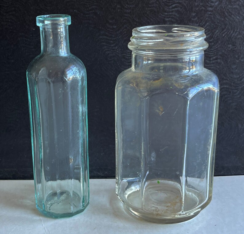 Vintage Octagonal Panels Jar and a Slim Dodecagon Light Aqua Bottle - Etsy