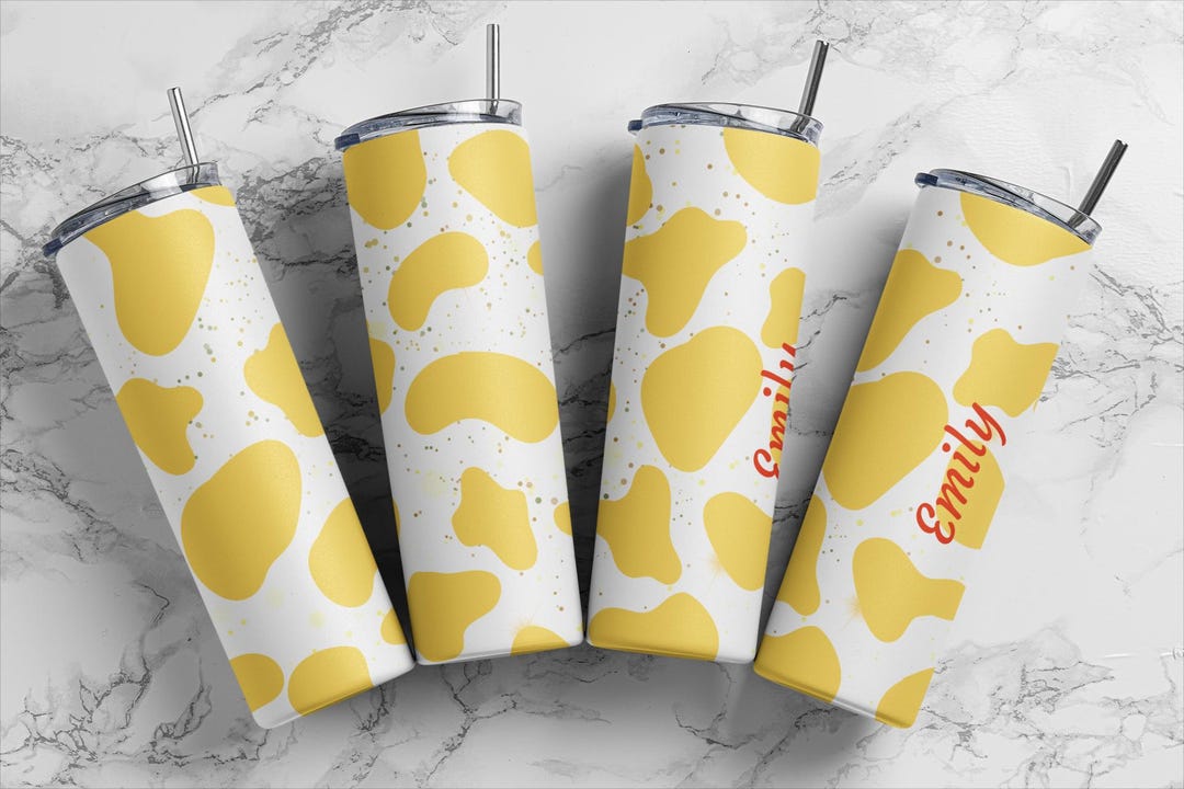 Yellow Cow Print With Sparkle-personalized-skinny Tumbler With Straw ...