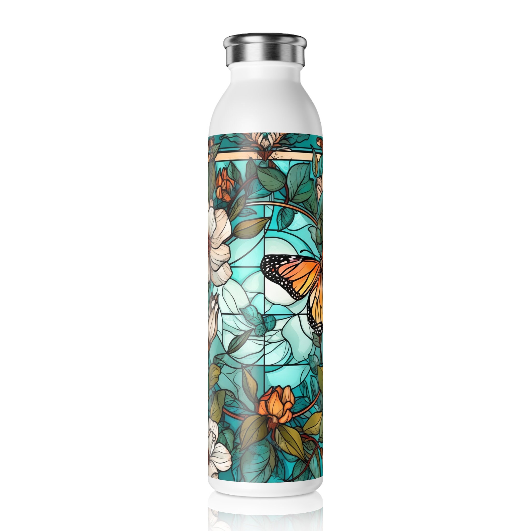 Teal Stained Glass Butterfly Slim Water Bottle - Etsy