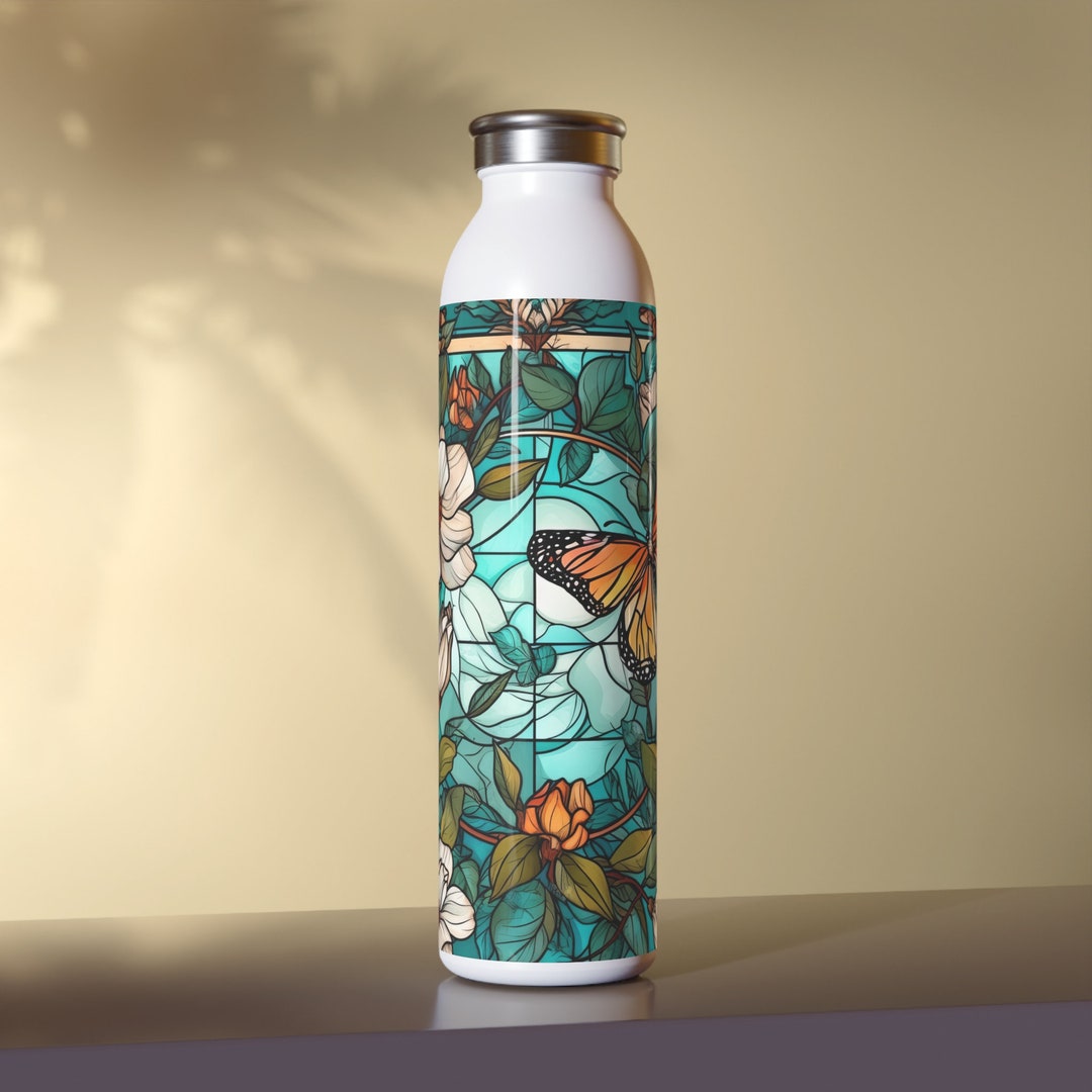 Teal Stained Glass Butterfly Slim Water Bottle - Etsy