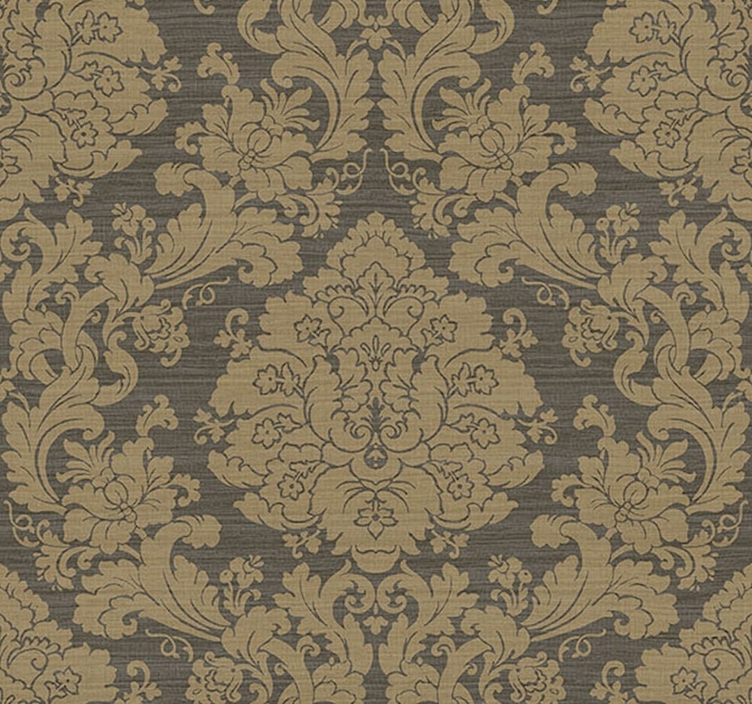 Classic Damask Wallpaper in Charcoal and Tan Villa Toscana by Wallquest LB30906 - Etsy