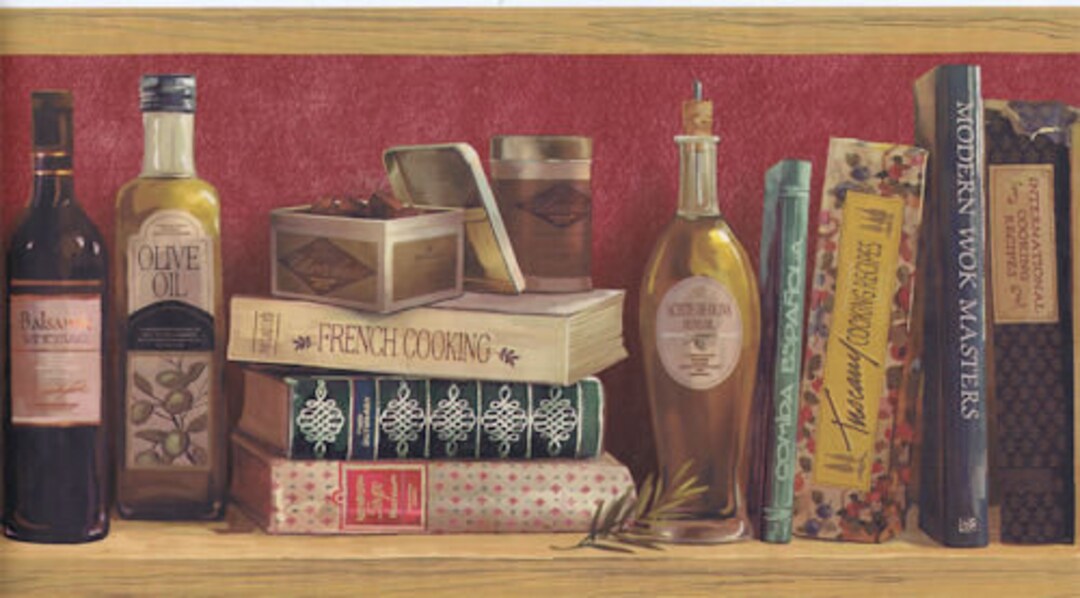 Cooks Shelf Wallpaper Border With Cookbooks, Olive Oil & More on Red ...