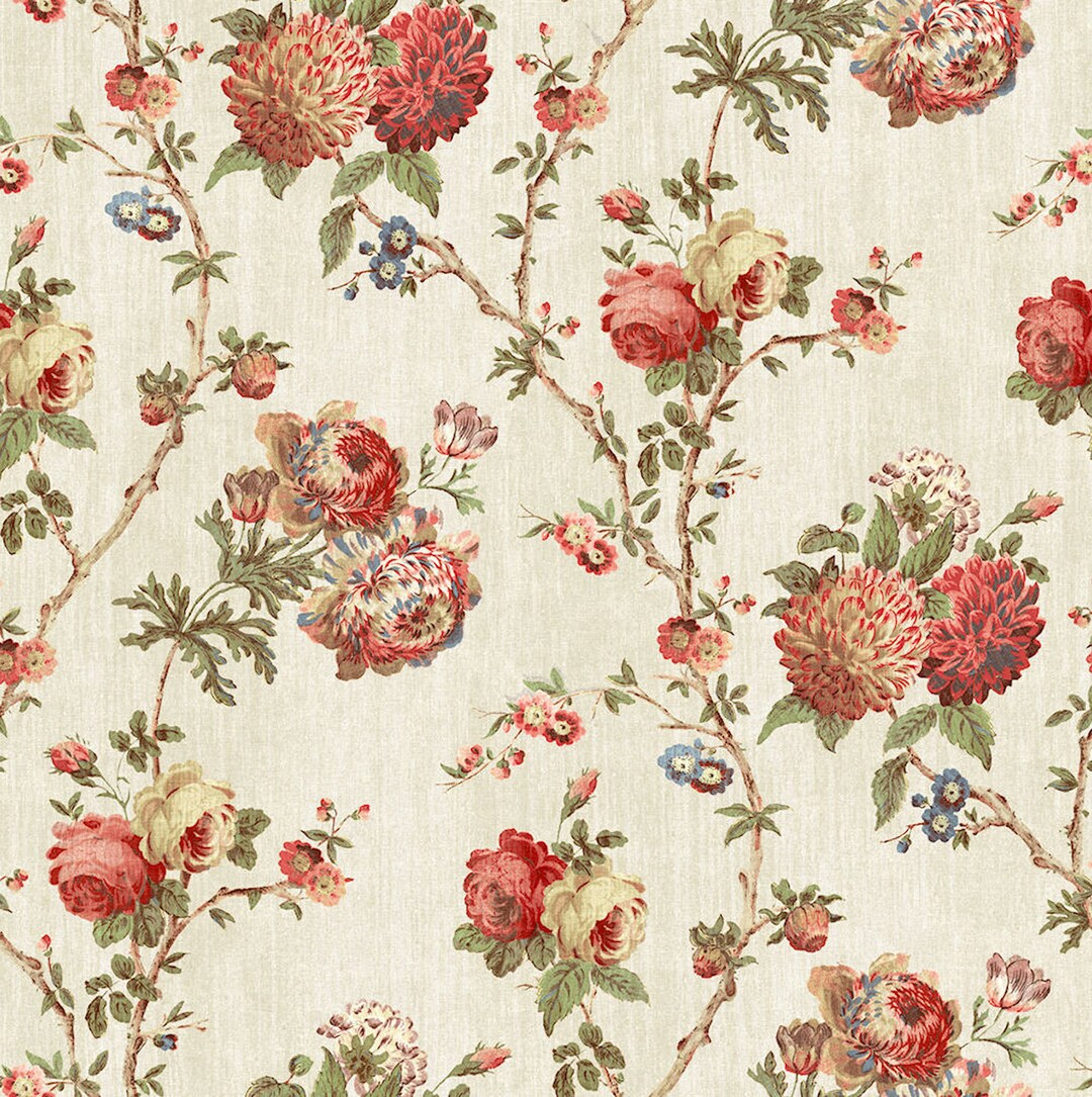 Floral Vine Fabric in Greens, Browns, Reds, Blue, Cream per Yard ...