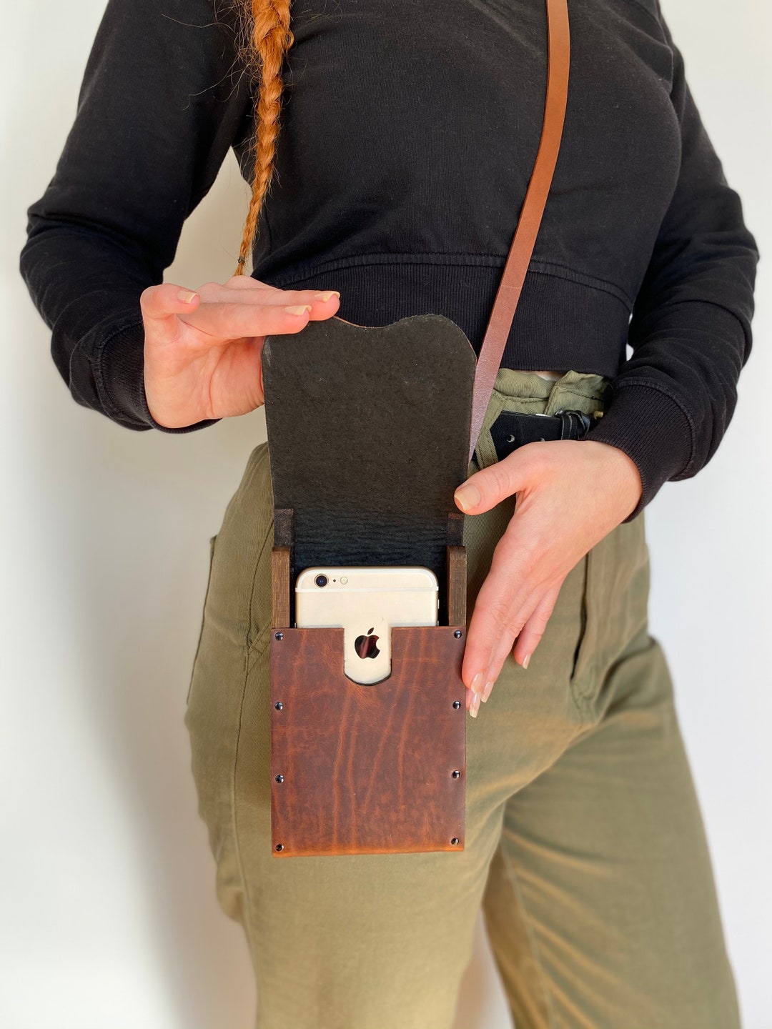 Handcrafted Brown Leather Phone Bag: Rustic Crossbody iPhone Case - Etsy