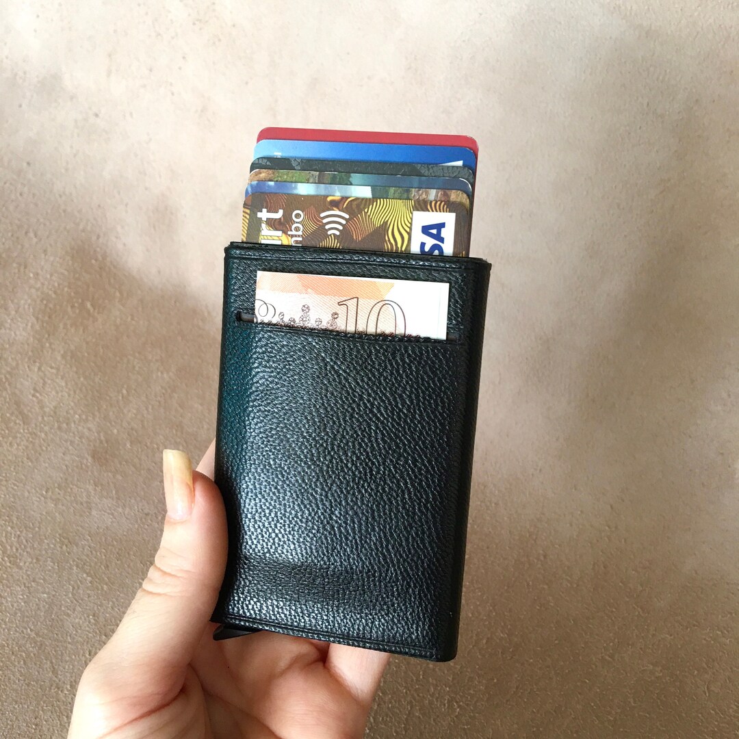 Black Leather Slim Pop up Wallet, Automatic Wallet - Etsy