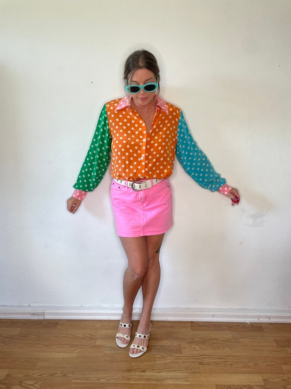 100% Silk Color Block Polka Dot Blouse - Gem