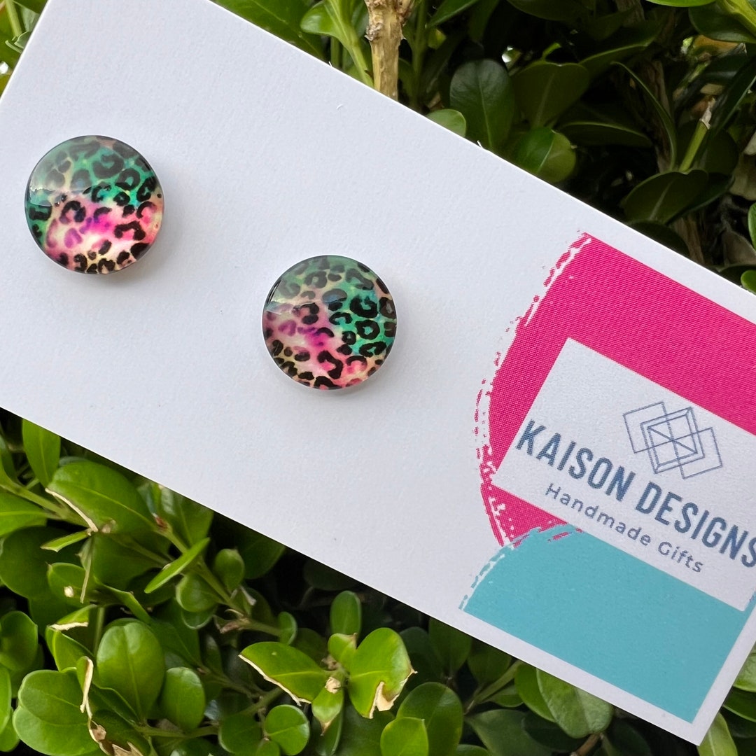 Pink and Green Animal Print 12mm Resin Studs. - Etsy