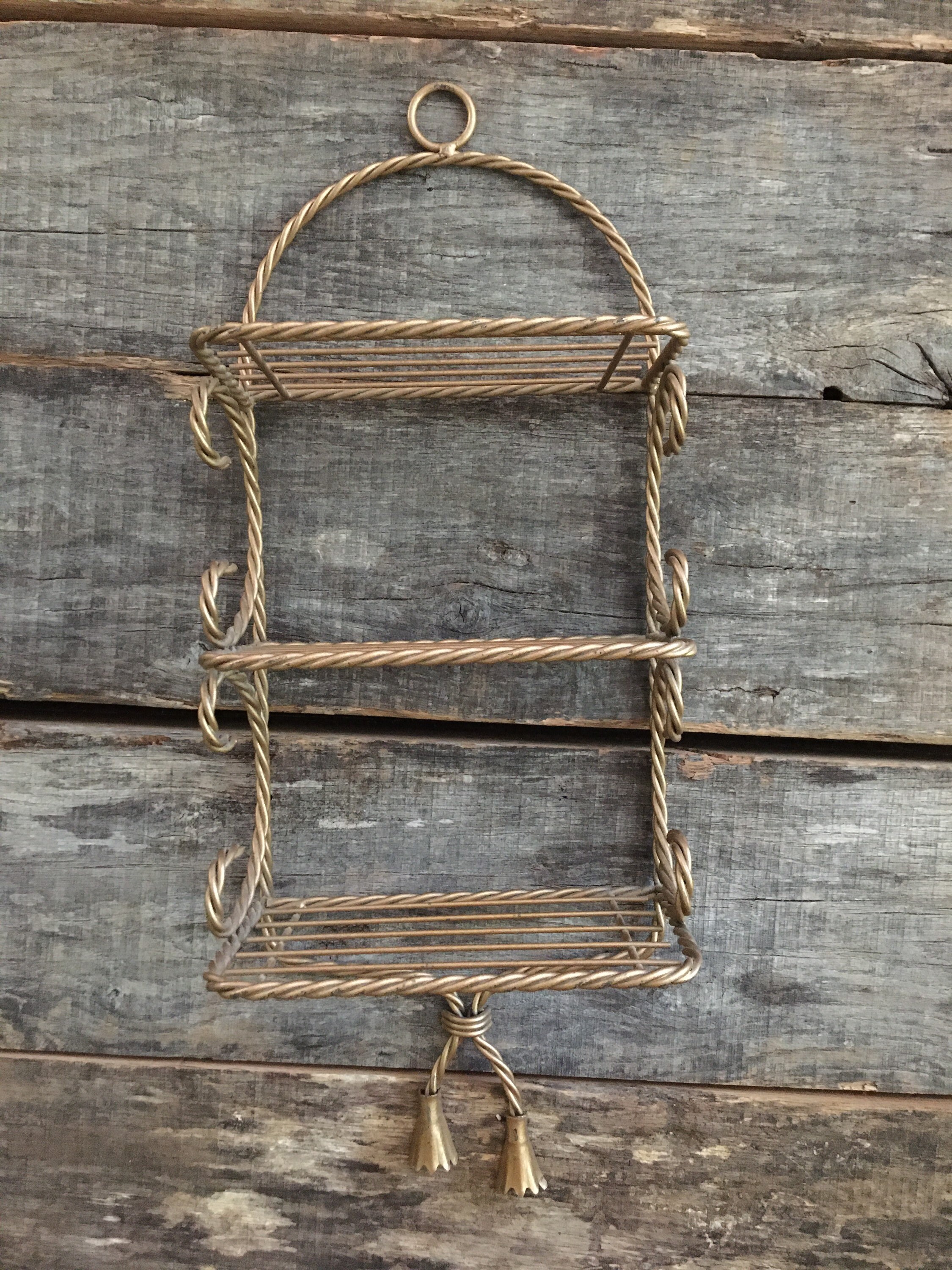 Vintage Wooden Shelf with 4 Pegs Country Style, Green/Gold w/Flowers ...