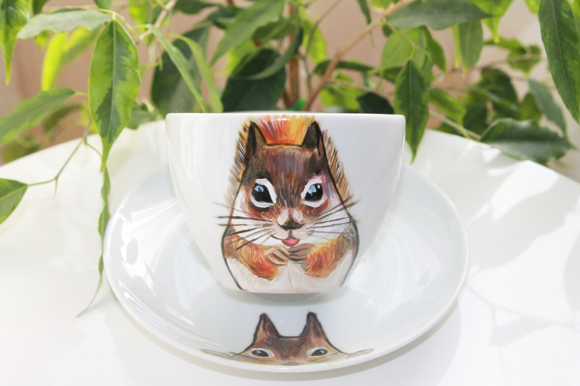Squirrel Cute Handpainted Cup Saucer Set Squirrel Mug Squirrel Gift ...